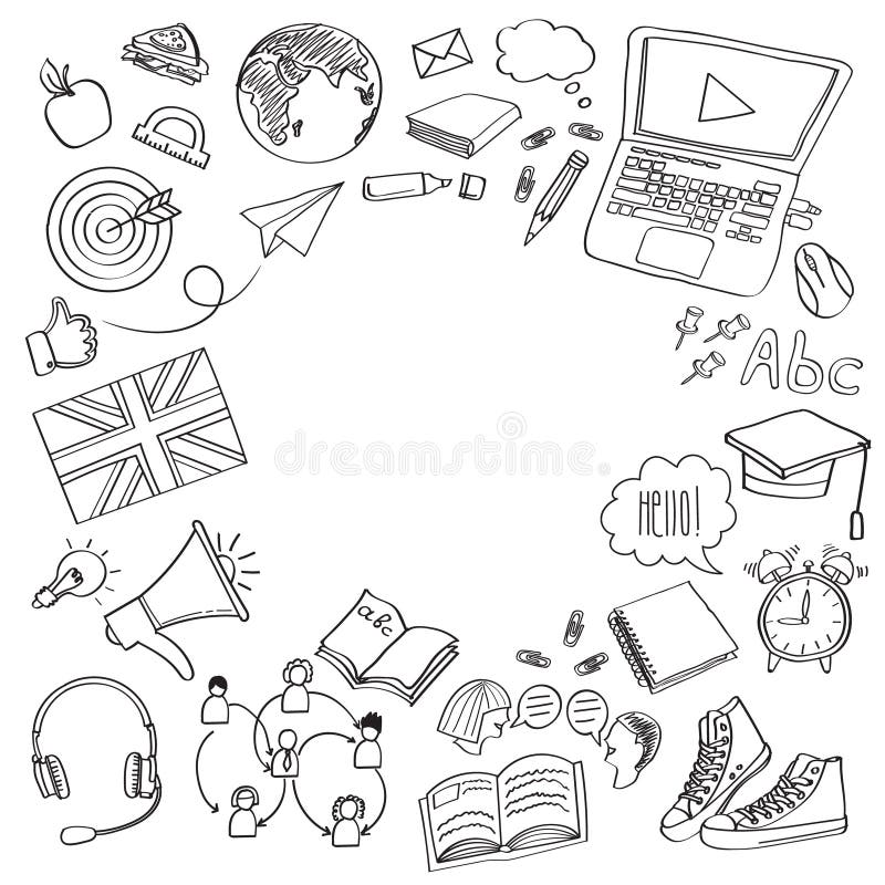 School Doodle Vector Set. Learning of Foreign Languages Stock ...