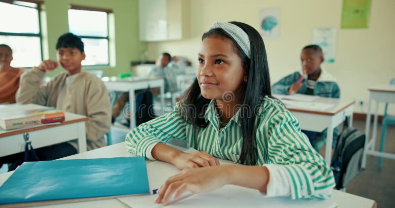 School, Doubt and Girl Child in Classroom for Learning, Knowledge or ...