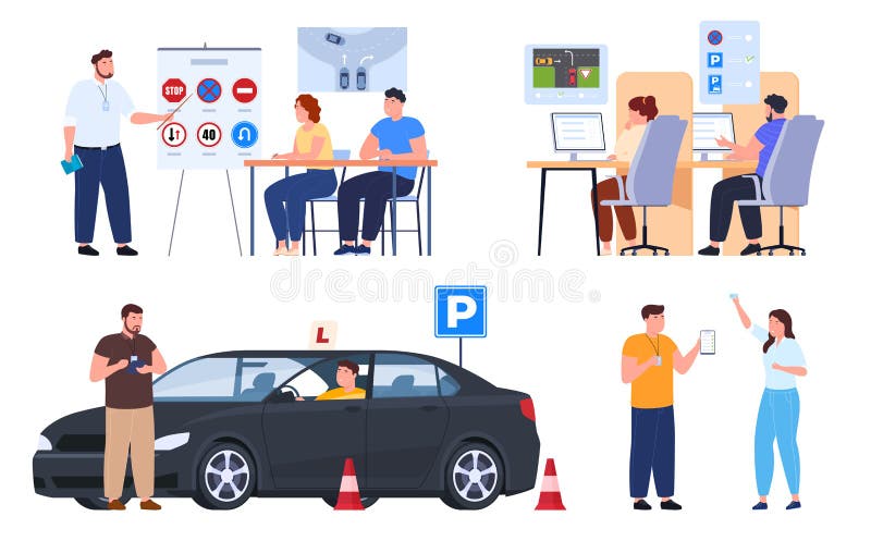 School of Drivers. Teaching Traffic Rules and Safe Driving. Vector ...
