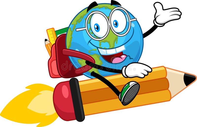 School Earth Globe Cartoon Character with Backpack Riding Flying Rocket ...