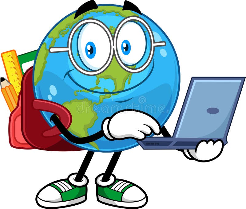 School Earth Globe Cartoon Character Using Laptop with Backpack and ...