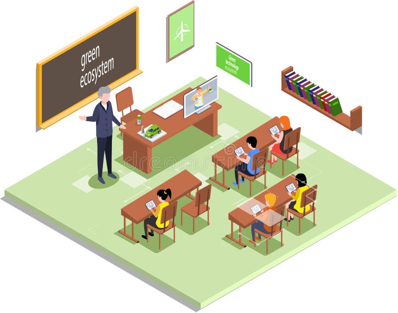 School Education Isometric with Teacher and Pupil at Lesson. Learning ...