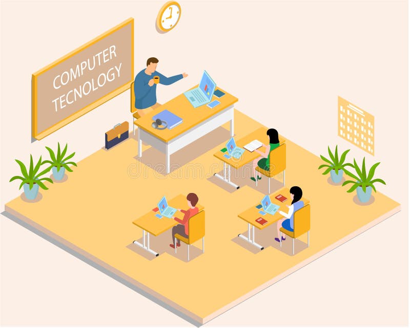 School Education Isometric with Teacher and Pupil at Computer ...