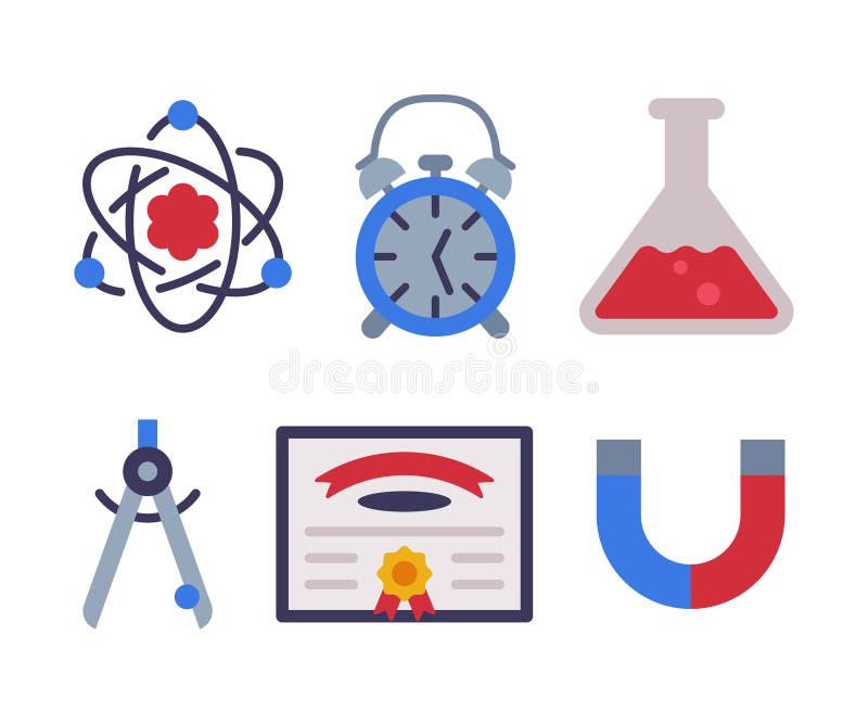 School Education Object with Alarm Clock, Molecule, Flask, Diploma and ...