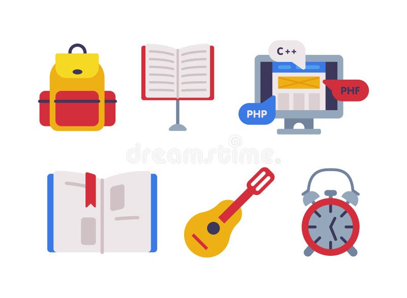 School Education Object with Backpack, Book, Computer, Guitar and Alarm ...
