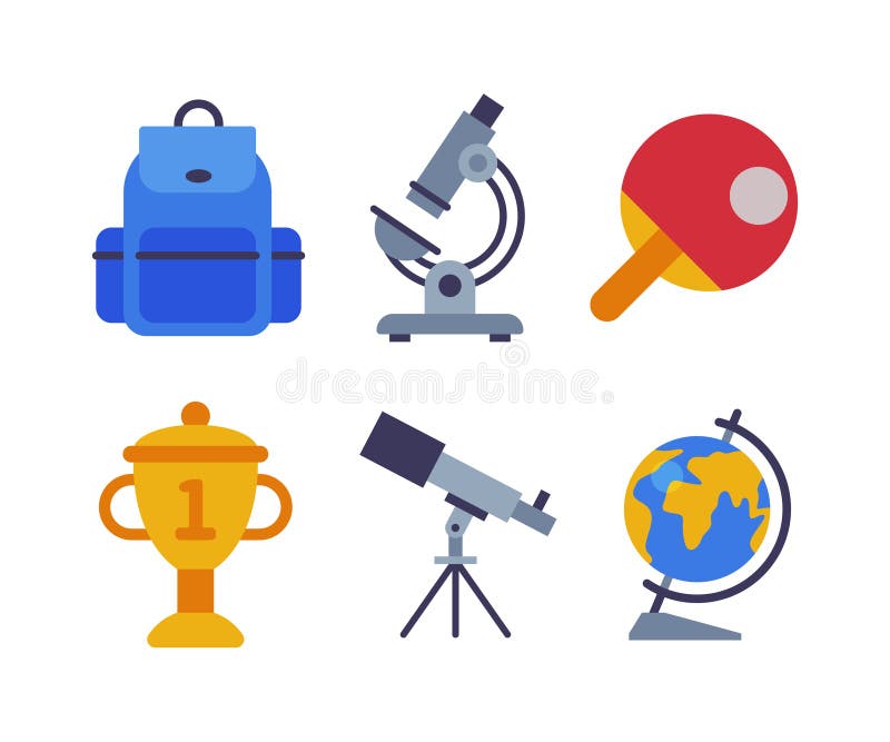 School Education Object with Backpack, Microscope, Cup, Telescope and ...