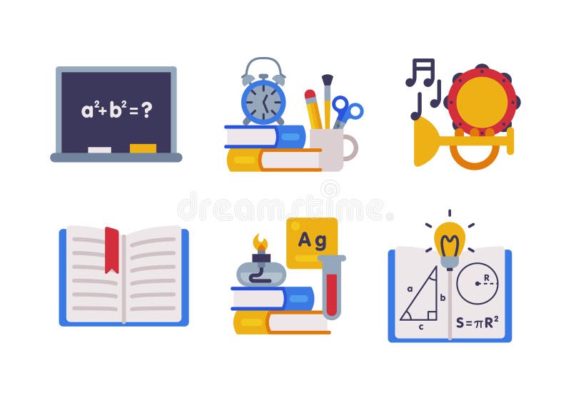School Education Object with Chalkboard, Book, Musical Instrument and ...