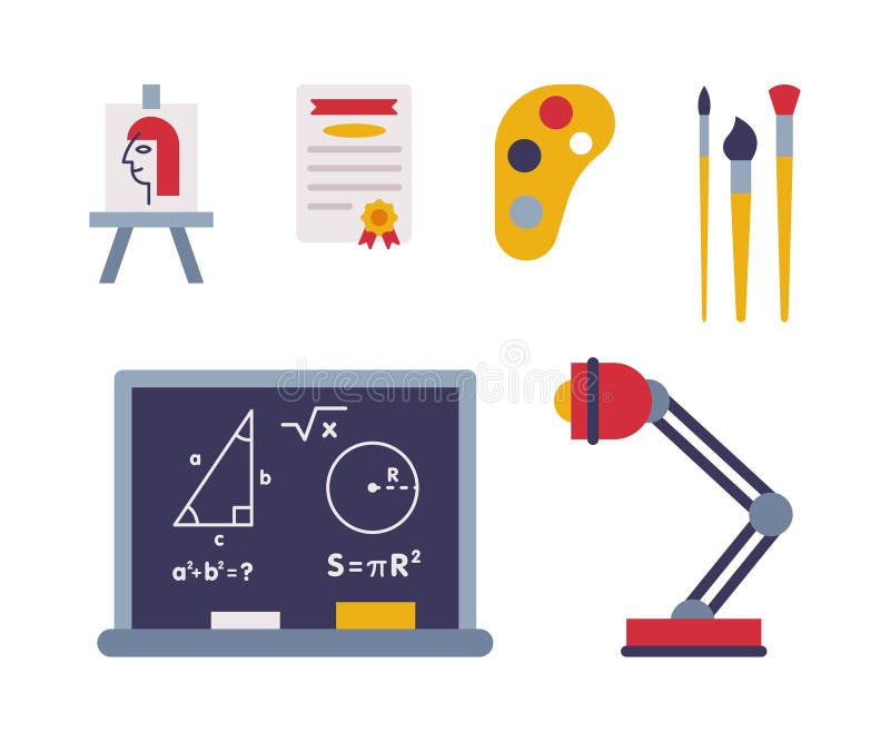 School Education Object with Drawing Easel, Palette, Brush, Chalkboard ...