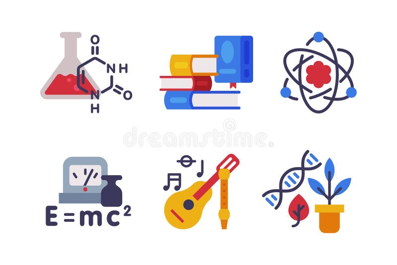 School Education Object with Molecule, Book, Physics Formula, Music and ...