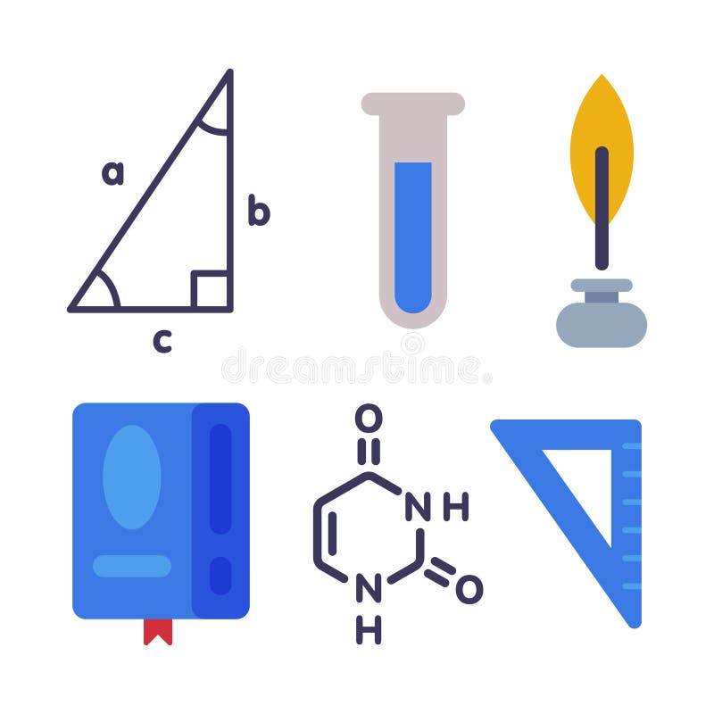 School Education Object with Triangle, Flask, Quill, Book, Molecule and ...