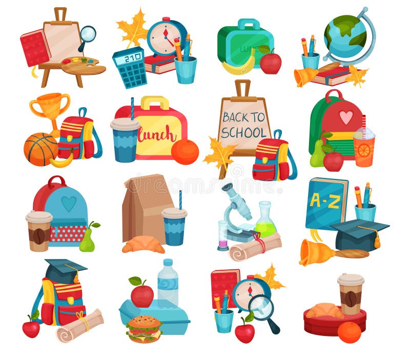 School Educational Items with Backpack and Lunch with Different Snacks ...