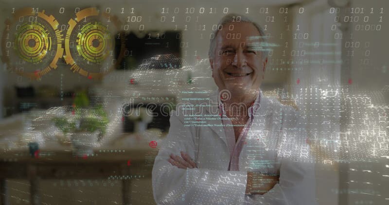 In School, Elderly Man in Lab Coat Analyzing Digital Animation ...