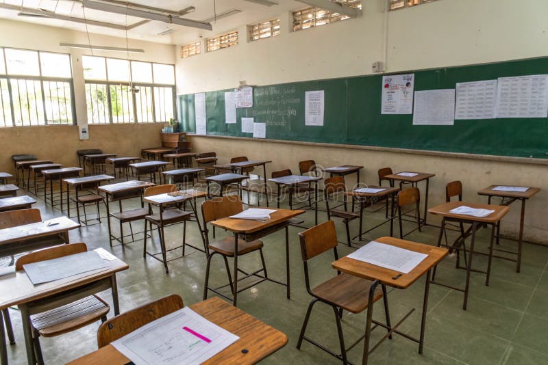 School Empty Classroom with Test Sheet on Desks Stock Illustration ...