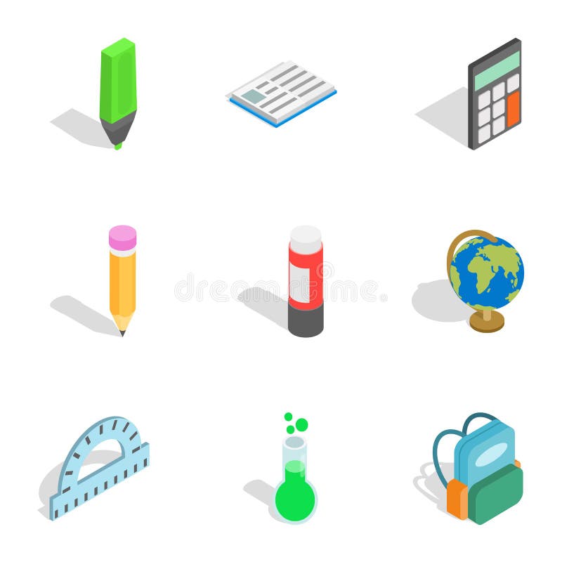 School Equipment Icons, Isometric 3d Style Stock Vector - Illustration ...