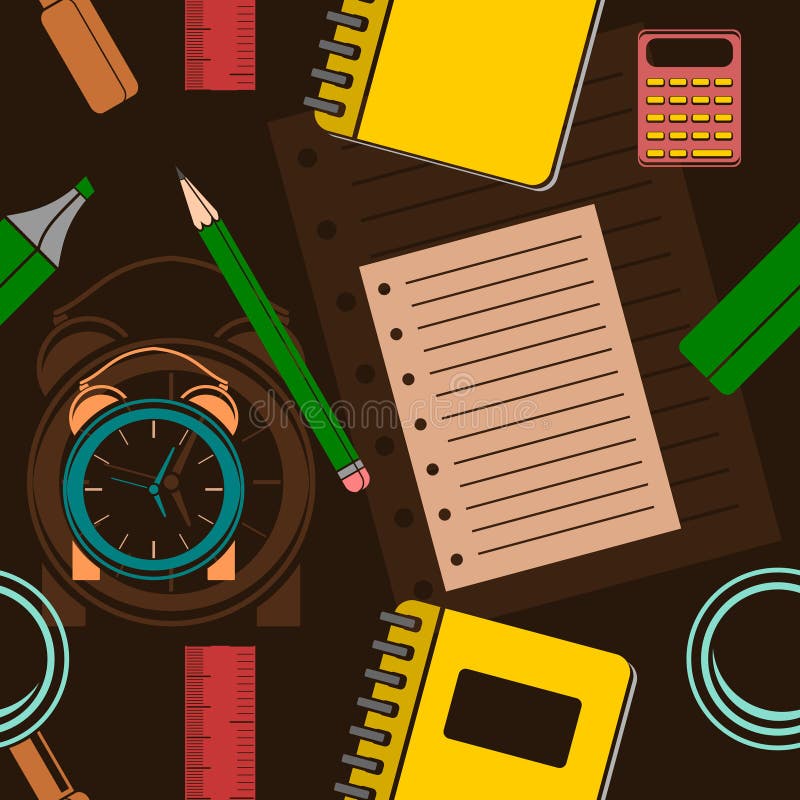School Equipment Vector Illustration with Dark Background Seamless ...