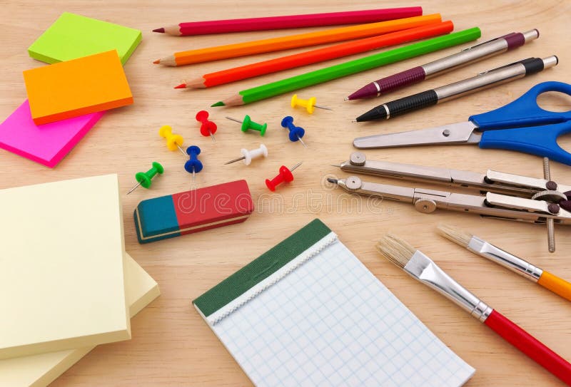 School Equipment on Writing Desk Stock Photo - Image of desk, group ...