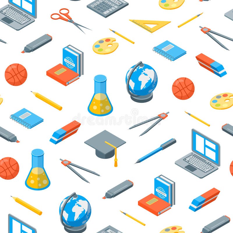 School Equipments and Tools Seamless Pattern Background Isometric View ...