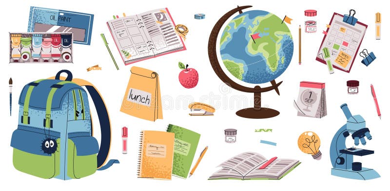 School Essentials Set with Globe, Backpack, Books and Microscope. Flat ...