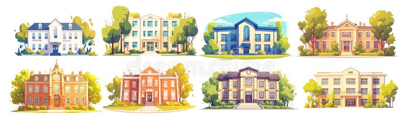 School Facade Set. Building Educational Institution Institute Learning ...