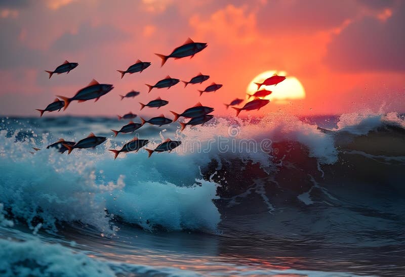 A School of Flying Fish Soaring Above Crashing Waves Stock Illustration ...