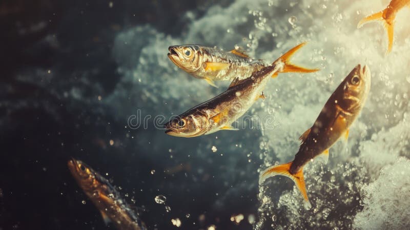 School of Fish Leaping in Dark Water Stock Illustration - Illustration ...