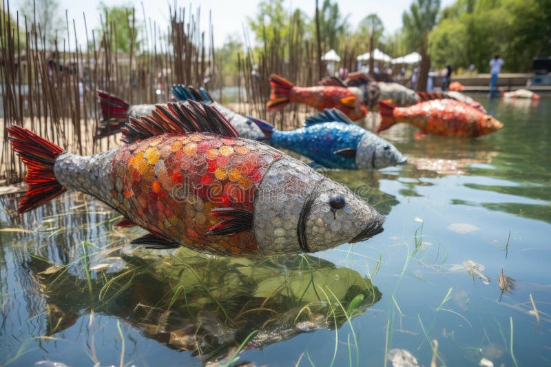 School of Fish Made from Recycled Materials Swimming among Other ...