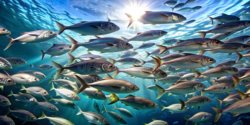 A School of Fish Shimmering Beneath the Ocean Surface Stock ...