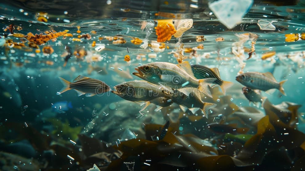 A School of Fish Swim Amidst Plastic Pollution in the Ocean Stock ...