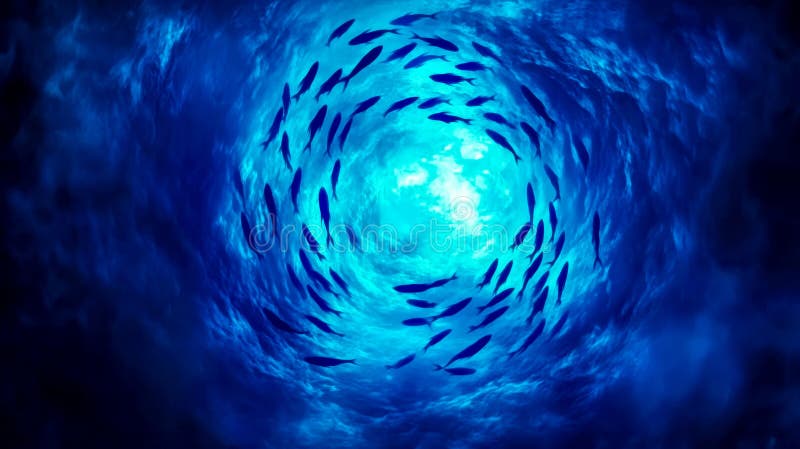 School of Fish Swimming in Circle Creating a Vortex in the Deep Blue ...