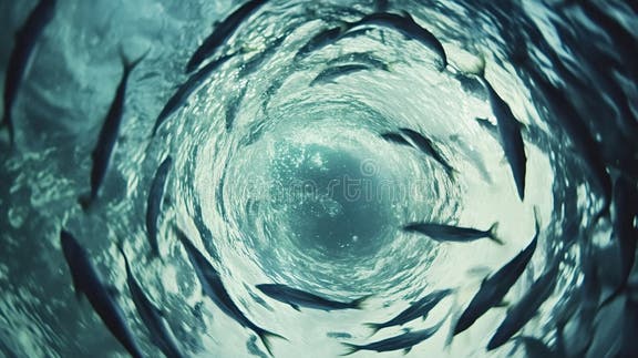 School of Fish Swimming in a Circle Creating a Vortex in the Ocean ...