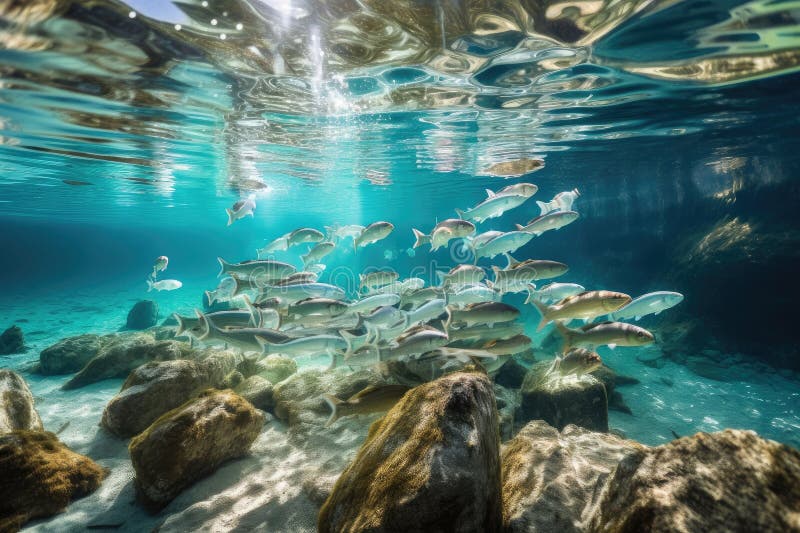 School of Fish Swimming in Crystal-clear Pool Stock Illustration ...