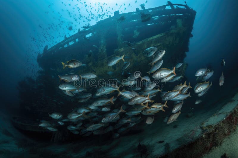 School of Fish Swimming among the Debris of Sunken Ship Stock Photo ...