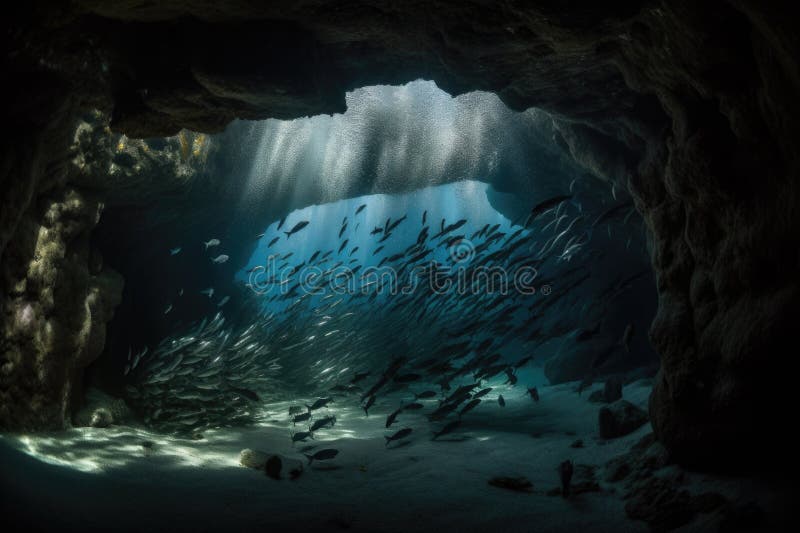 School of Fish Swimming through Intricate Cave System Stock Image ...