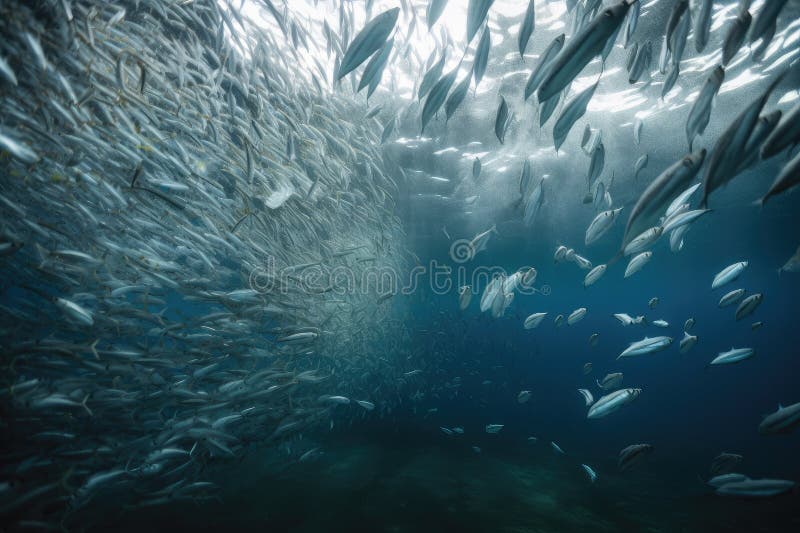 A School of Fish Swimming through a Microplastic-filled Ocean Stock ...