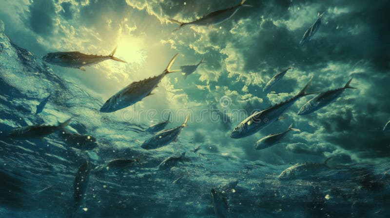 School of Fish Swimming Under Dramatic Ocean Sky Stock Illustration ...