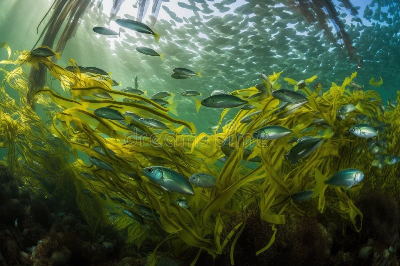 Kelp Forest with Schools of Fish Swimming among the Kelp Fronds Stock ...