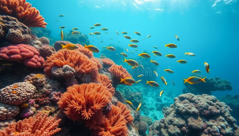 School of Fish Swims in Front of a Coral Reef Stock Photo - Image of ...
