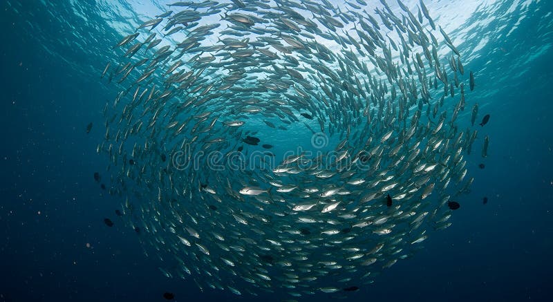 School of Fish Swirling Underwater in Circular Formation in Deep Ocean ...