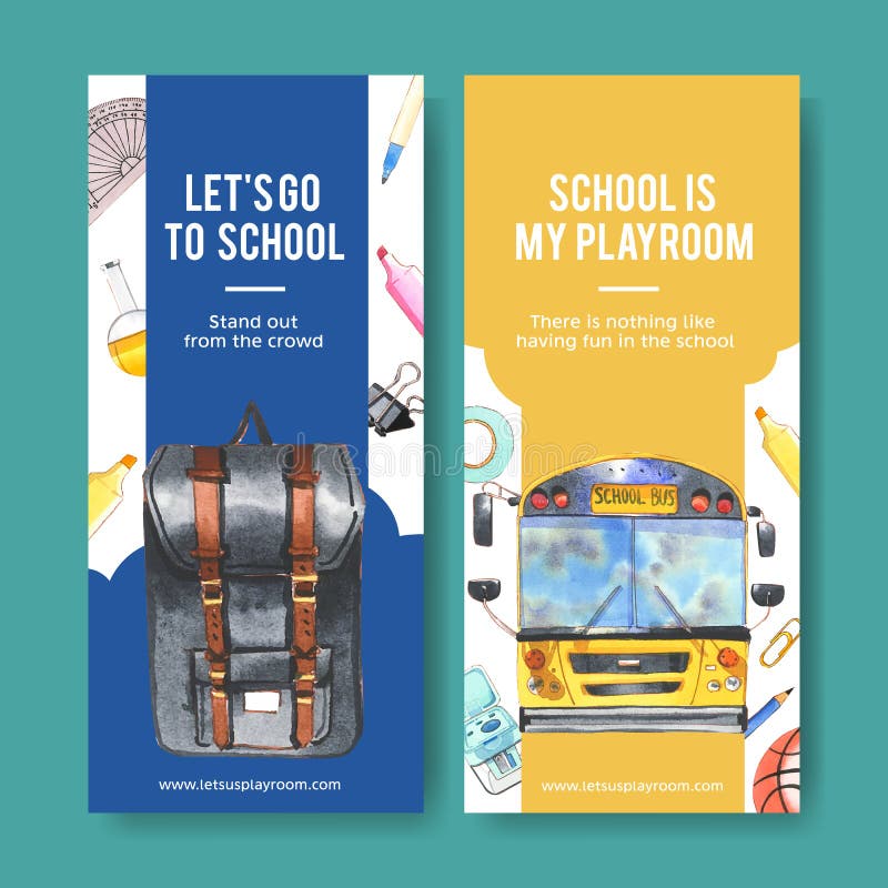 School Flyer Design with School Bus, School Bag Watercolor Illustration ...