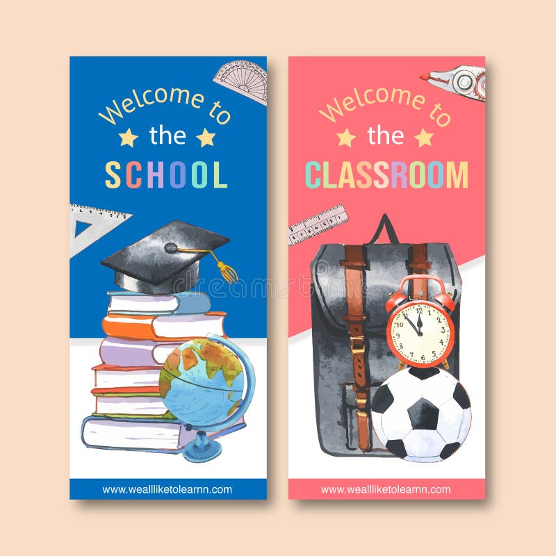 School Flyer Design with Notebook, School Bag Watercolor Illustration ...
