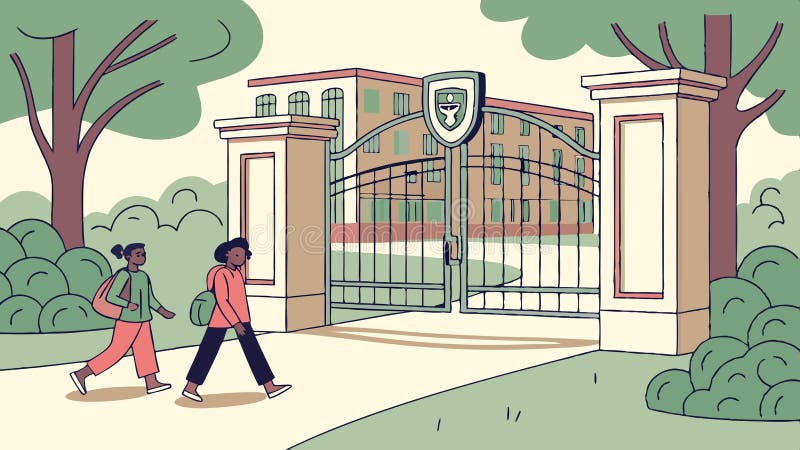 School Gate with Students, Education Scene, School Day Illustration ...