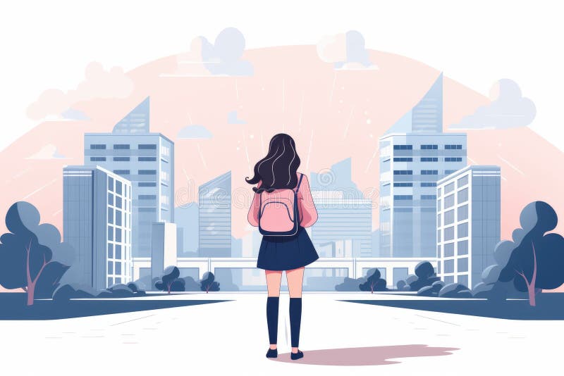School Girl with Backpack Stand in Front of School AI Generated Stock ...
