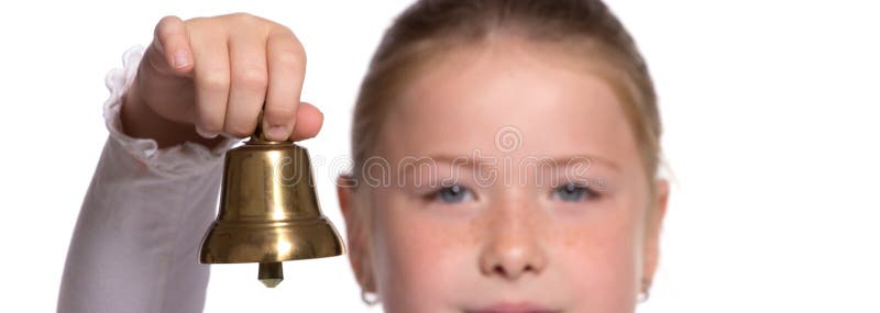 School Girl Ringing A Golden Bell Stock Image - Image of golden, break ...