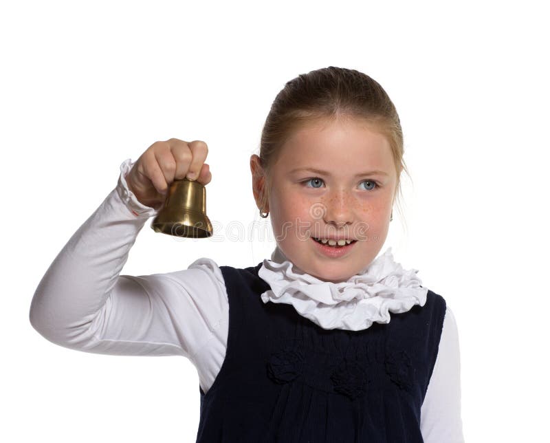 School Girl Ringing A Golden Bell Stock Image - Image of golden, break ...