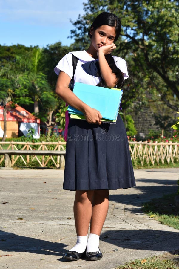 School Girl and Sadness with Textbooks Standing Stock Image - Image of ...