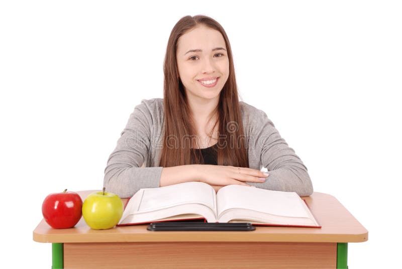School Girl Sitting at a Desk Stock Image - Image of girl, book: 100804611