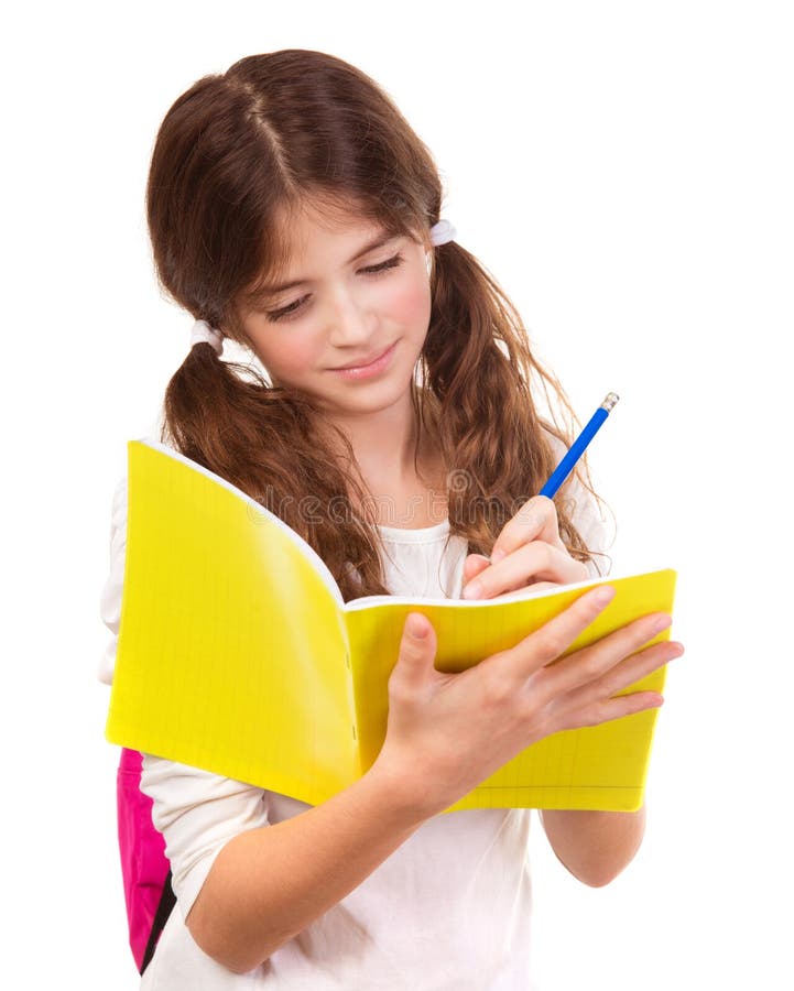 School Girl Writing In Notebook Stock Image - Image of exam, pretty ...