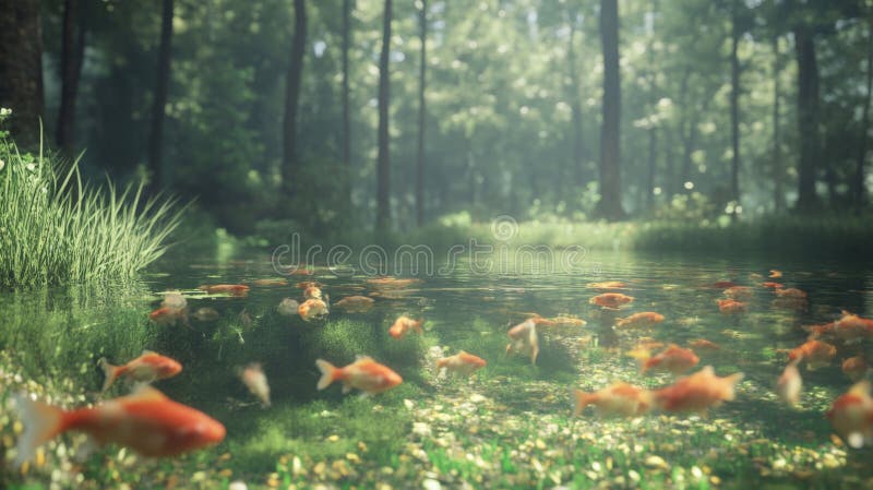 A School of Goldfish Swimming in a Forest Pond Stock Illustration ...