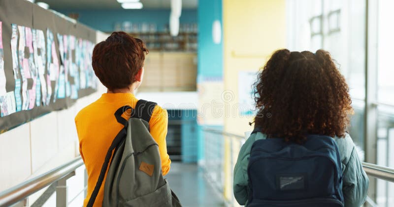 School, Hallway and Back of Children with Backpack Walking for Studying ...