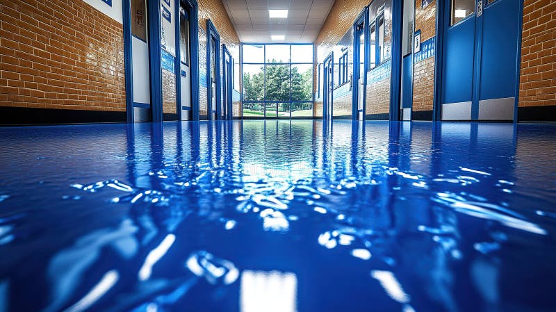 School Hallway Flooded, View of Outside from Polished Blue Floor Stock ...